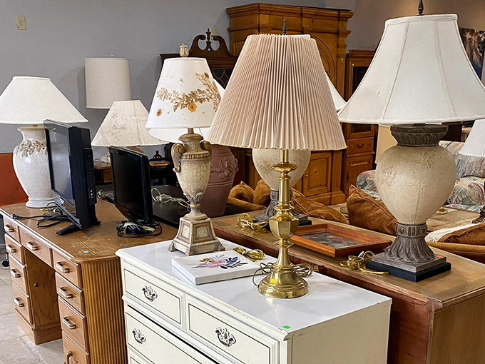 Lamp nirvana where lighting fixtures of every era gather. That brass beauty could be the statement piece your reading nook desperately needs.