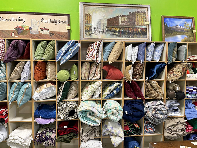 Pillows and linens stacked like a cozy rainbow, each one with stories woven into the fabric.