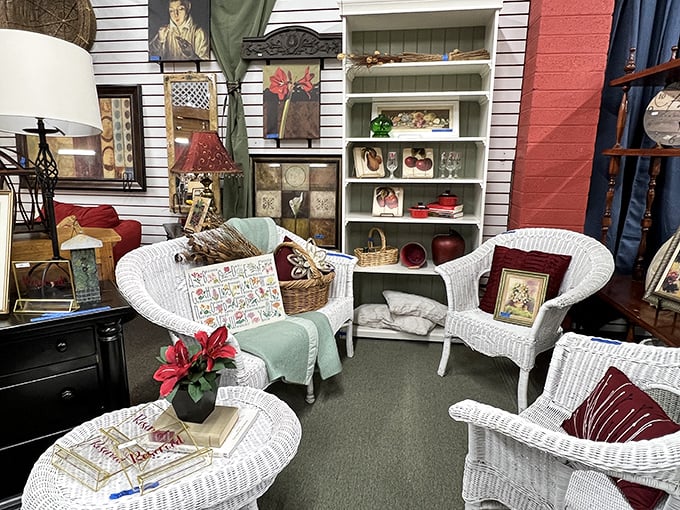 The white wicker seating area looks like it was plucked from a Florida sunroom circa 1985&mdash;just add iced tea and a mystery novel.
