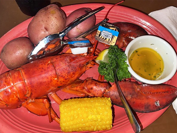 The lobster arrives like royalty on its coral throne. With drawn butter as its golden crown, this is seafood sovereignty at its most delicious.