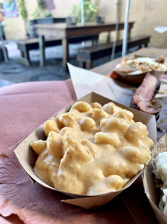 Mac and cheese that doesn't know it's a side dish&mdash;creamy, rich, and stealing the spotlight from the meat.