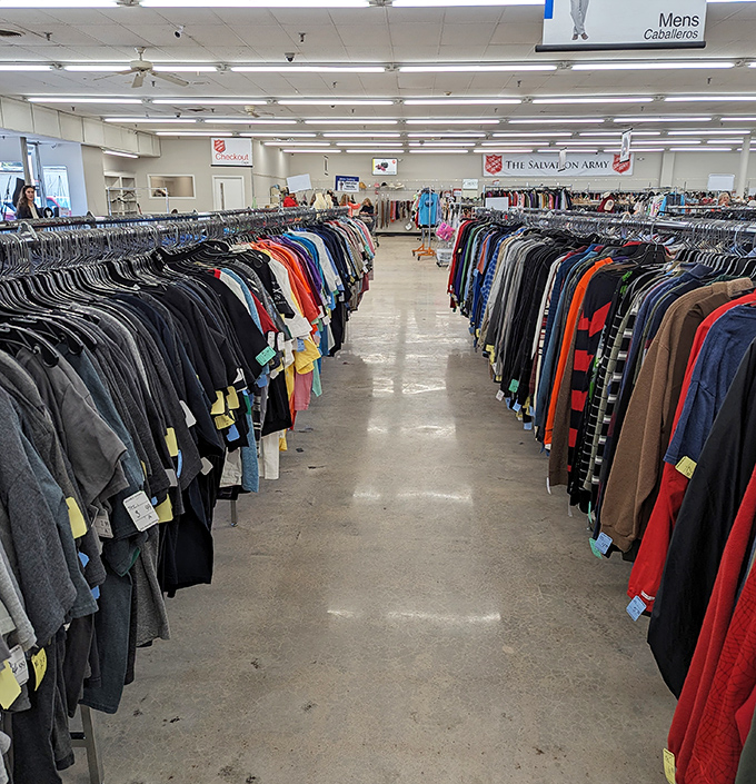 The men's section stretches to the horizon like a sea of potential style upgrades. More options than a Netflix menu, and just as binge-worthy.