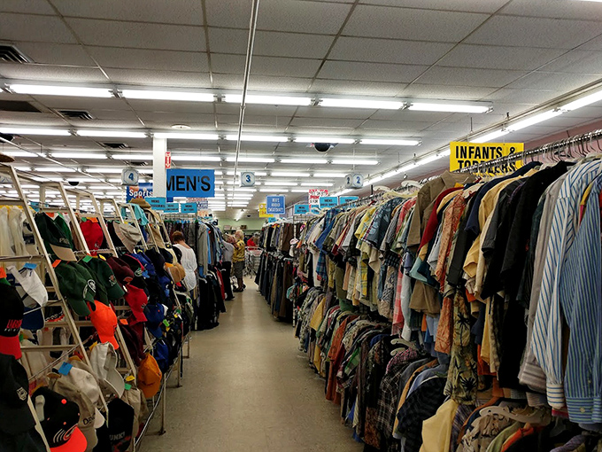 Men's department: where vintage flannel meets barely-worn business attire, and style costs less than yesterday's lunch.