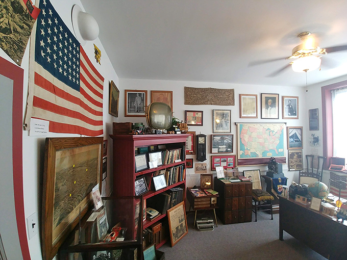 A slice of Americana complete with flag, vintage maps, and enough memorabilia to make the Smithsonian jealous. History never looked so homey.