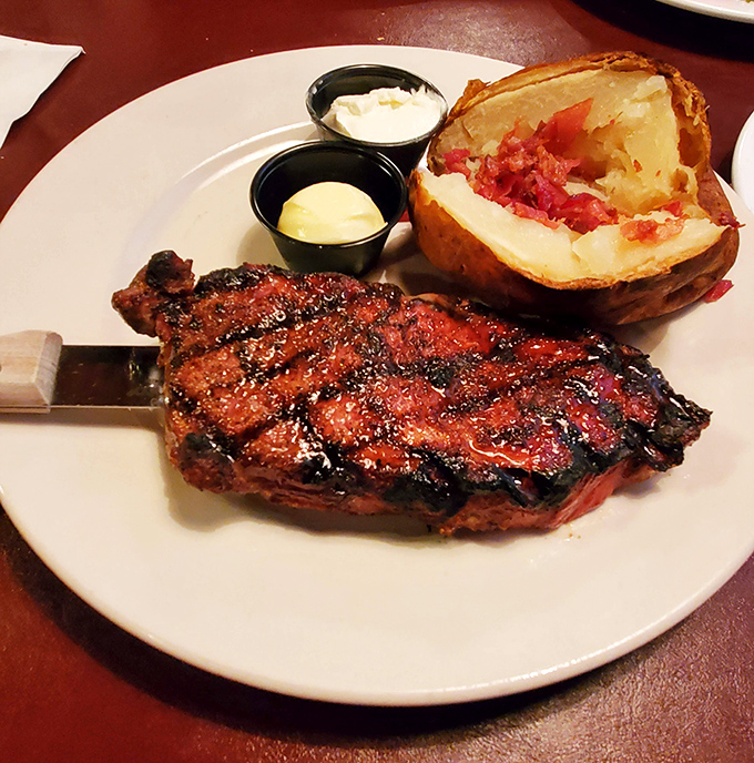 A New York strip that's dressed for success with those perfect grill marks. That loaded baked potato isn't just a side&mdash;it's making a compelling case for co-stardom.