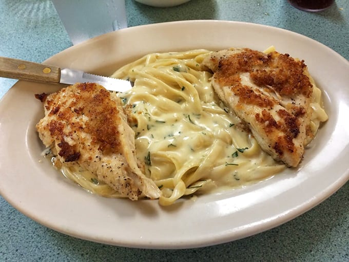 Fettuccine that doesn't know it's in a breakfast joint, with chicken so perfectly seared it could make an Italian grandmother nod in approval.