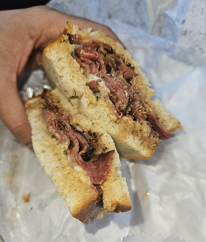 This isn't just a sandwich&mdash;it's architecture. The structural integrity of those bread slices supporting that glorious meat deserves an engineering award.