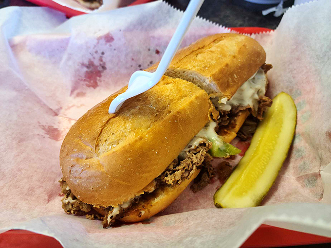This Philly cheesesteak doesn't need Philadelphia's approval&mdash;it's confidently Alabama, served with a pickle spear standing guard like it owns the place.