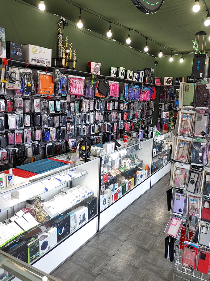 Phone case heaven or decision paralysis central? This tech accessory booth offers protection for your device with a side of personal expression.