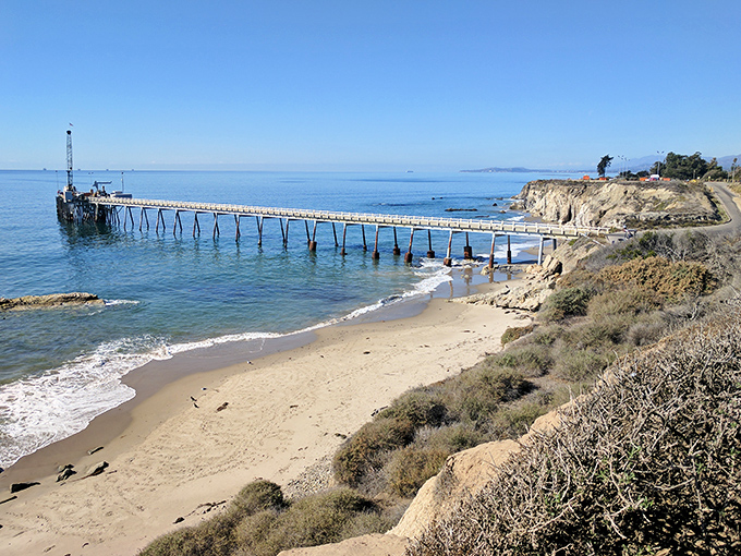 The pier stretches toward infinity, a wooden runway connecting land-dwellers to the ocean's endless blue catwalk.