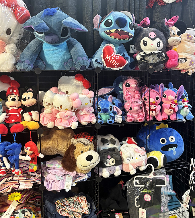Stuffed animal heaven where Stitch, Hello Kitty, and friends wait patiently for their forever homes. The hardest part is choosing just one.