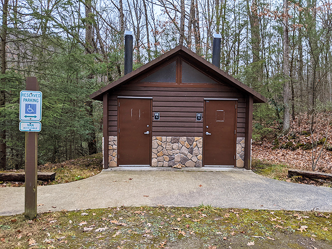 Even the restroom facilities embrace rustic charm with stone accents. Because answering nature's call while surrounded by nature just makes sense.