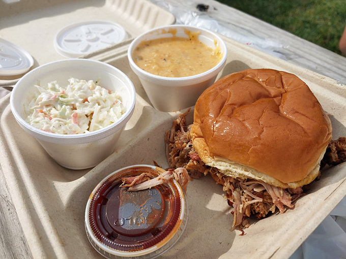 The pulled pork sandwich comes with that perfect ratio of meat to bun, plus sides that don't know the meaning of "afterthought."