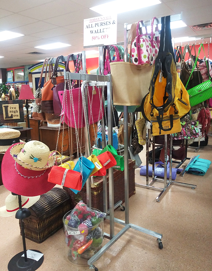 The accessories section&mdash;where handbags that once cost hundreds now dangle with colorful potential for just a few dollars.