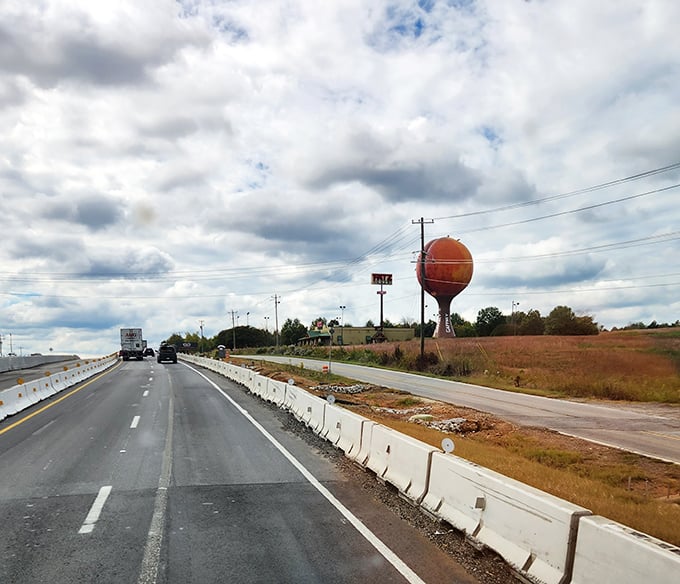 From this angle, the Peachoid's resemblance to its namesake fruit is unmistakable. The green leaf adds that perfect touch of botanical accuracy.