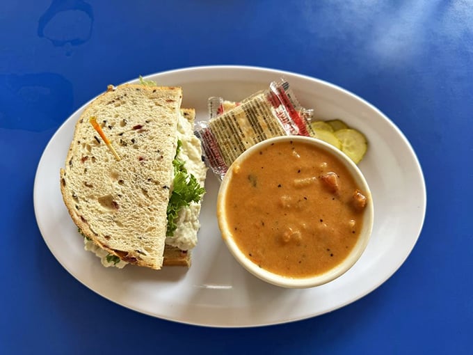 Comfort on a plate: a hearty sandwich paired with homemade soup. The kind of lunch that makes you want to call your boss and extend your vacation.