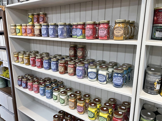 Mason jar candles lined up like colorful soldiers, ready to transform your home from "lived-in" to "lavender meadow" with one strike of a match.
