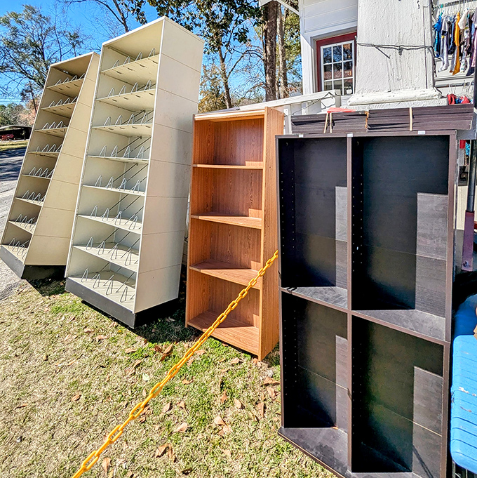 Furniture with potential lines the lawn&mdash;these aren't just shelves, they're blank canvases waiting for your next upcycling inspiration.