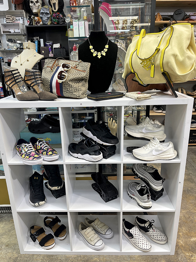 Designer dreams at thrift store prices&mdash;these cubbies showcase everything from casual kicks to evening elegance, with a few brand names hiding in plain sight.