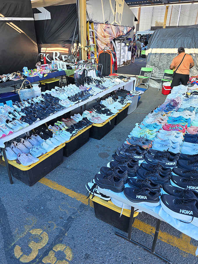 Shoe vendors display their wares like cobbler royalty, offering everything from practical to "what was I thinking?"