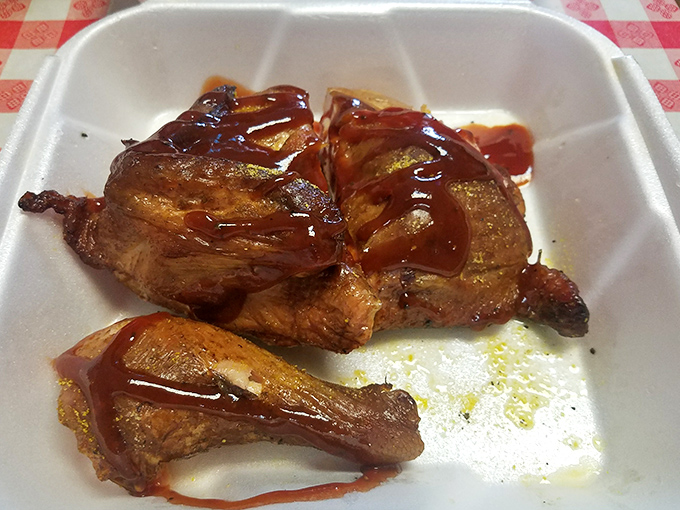 Barbecue chicken that's achieved that perfect mahogany sheen, with sauce applied just right &ndash; not drowning the meat, but complementing its smoky character.