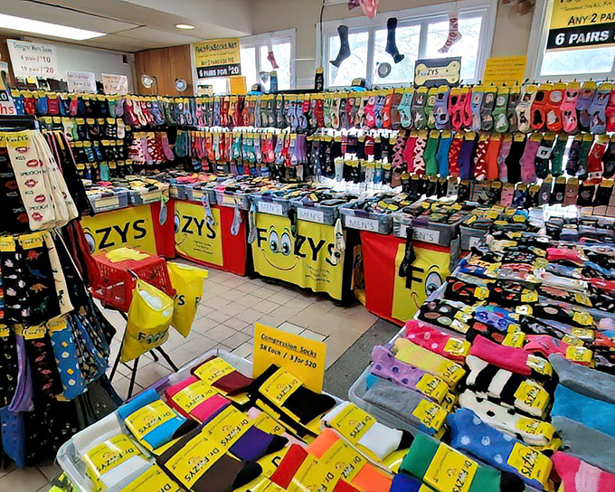 Sock displays that would make a department store manager weep with envy, organized with surprising military precision.