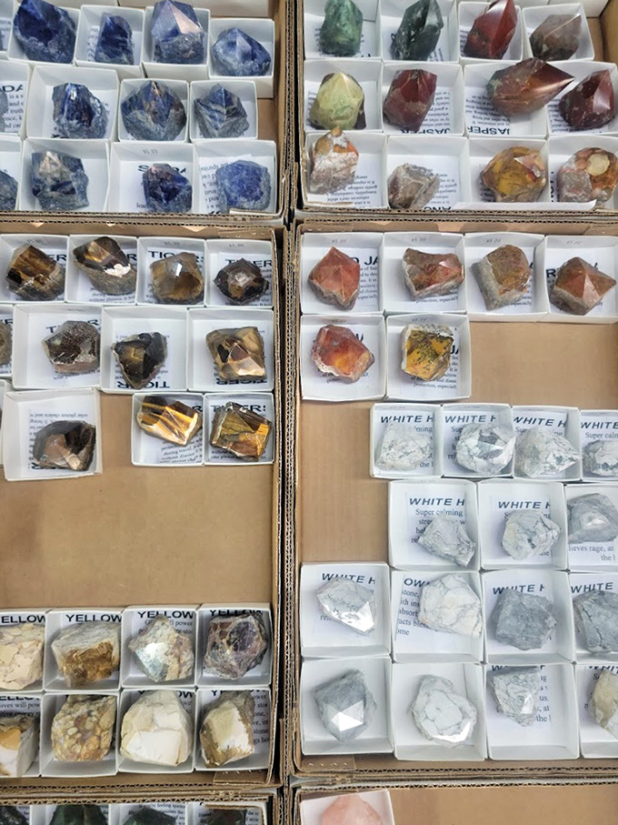 Crystals and minerals arranged like nature's jewelry box, each stone claiming mysterious powers and definite beauty.