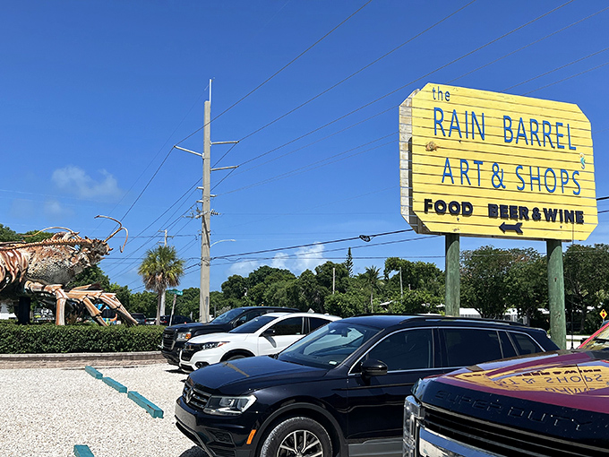 The cheerful yellow sign promises art, shopping, and refreshments &ndash; the holy trinity of Florida Keys attractions, with a side of giant lobster.