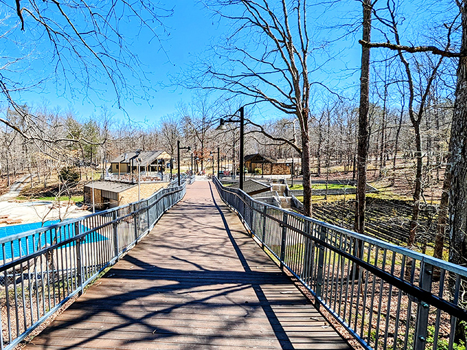 The park's elevated walkway leads to cabins nestled among winter-bare trees—proof that even in its most undressed state, nature never loses its elegance.