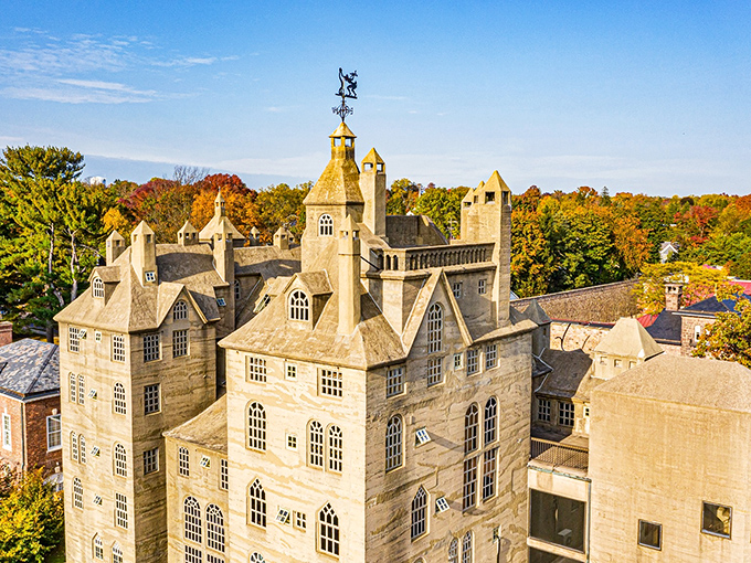From above, the museum reveals its true character&mdash;a concrete puzzle of turrets, gables, and architectural whimsy that would make even Gaud&iacute; raise an appreciative eyebrow. 