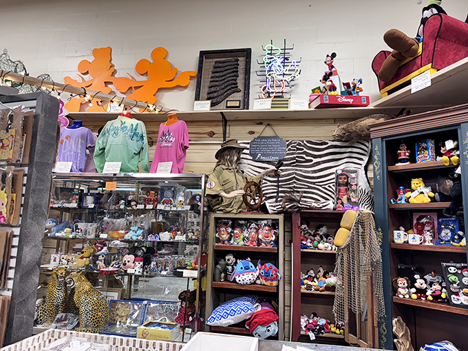 Mickey silhouettes and plush characters create a Disney lover's paradise. The House of Mouse has taken up residence here, with enough memorabilia to make Walt himself nostalgic.