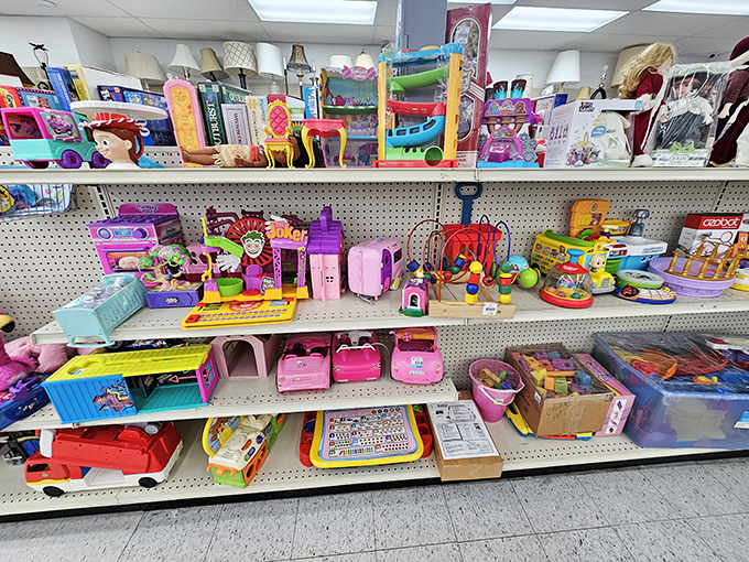 The toy section bursts with colorful finds that spark childhood memories in every visitor.