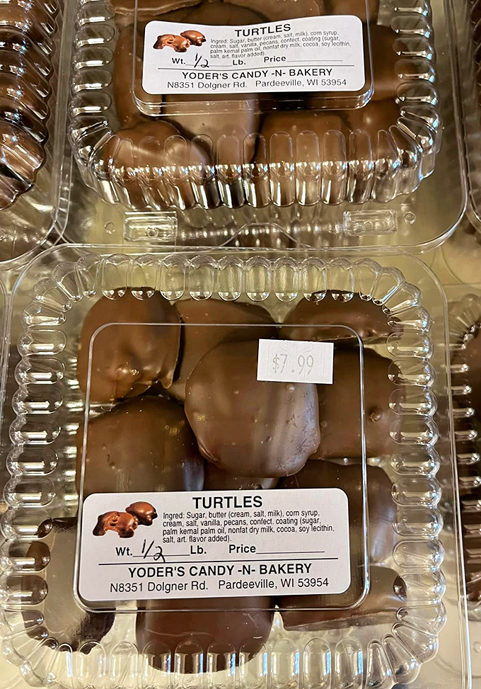 Chocolate turtles from Yoder's Bakery &ndash; where pecans, caramel, and chocolate unite in sweet harmony. Diet plans surrender at first sight.