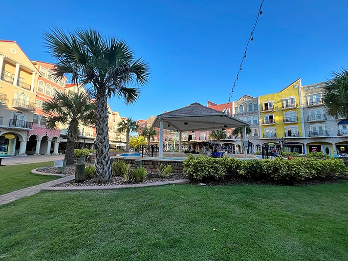 The colorful facades of European Village create a vibrant community hub – where "running errands" mysteriously transforms into "enjoying a glass of wine."