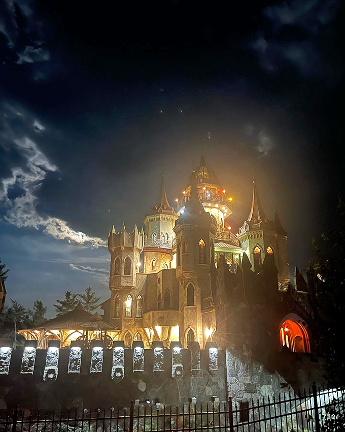 Night falls and magic rises at Chris Mark Castle. Illuminated against the evening sky, it glows with the kind of enchantment that makes adults believe in fairy tales again.