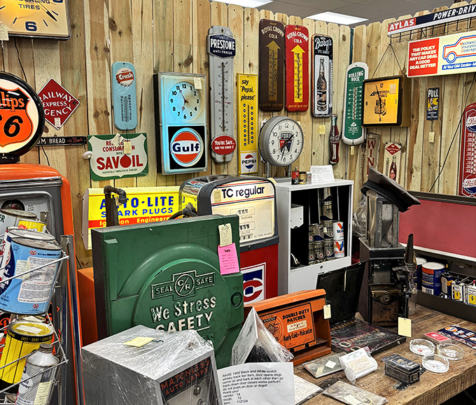 Automotive history preserved in metal and enamel. These vintage signs and gas station memorabilia would make any garage feel like a scene from "American Graffiti."