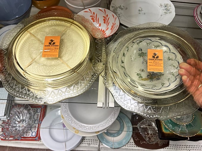 Vintage glass plates whisper stories of elegant dinner parties past, waiting patiently for their chance to shine again on your table.