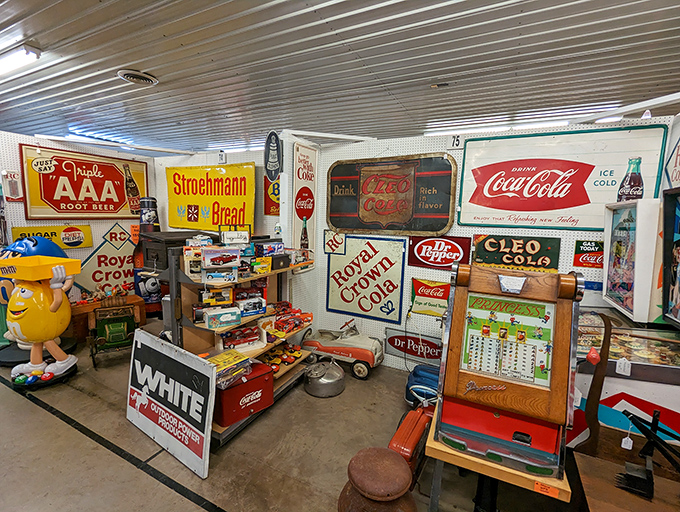 Vintage advertising signs create a time capsule of American consumer culture. That A&W Root Beer sign instantly conjures the taste of frosty mugs. 