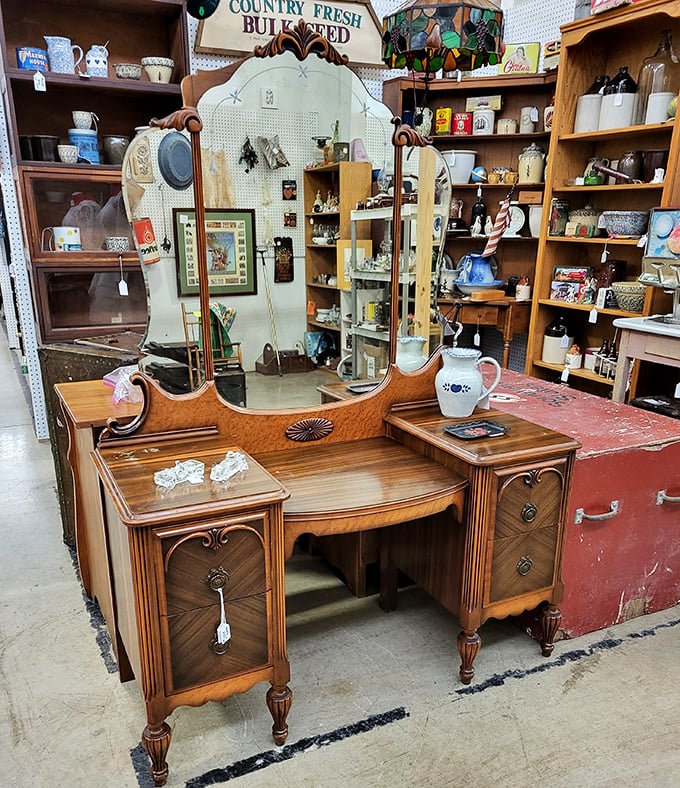 This vintage vanity mirror has reflected countless faces through the decades. Three-way mirrors don't lie, but they do tell beautiful stories of bygone eras.