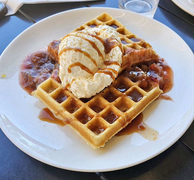 Golden waffles crowned with ice cream and caramel&mdash;the breakfast your eight-year-old self dreamed of and your adult self deserves.