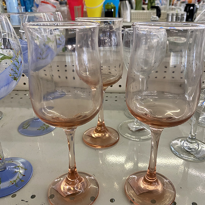Blush-tinted wine glasses that would cost a fortune at those fancy home stores. Here? Practically pocket change.