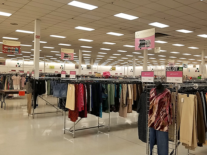 The women's clothing section stretches toward the horizon, a sea of potential outfit transformations waiting to happen. 
