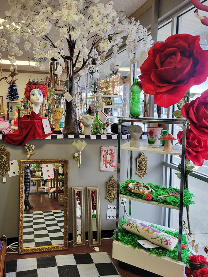 Alice would approve of this wonderland corner. The checkered floor and oversized roses create a magical portal between worlds.