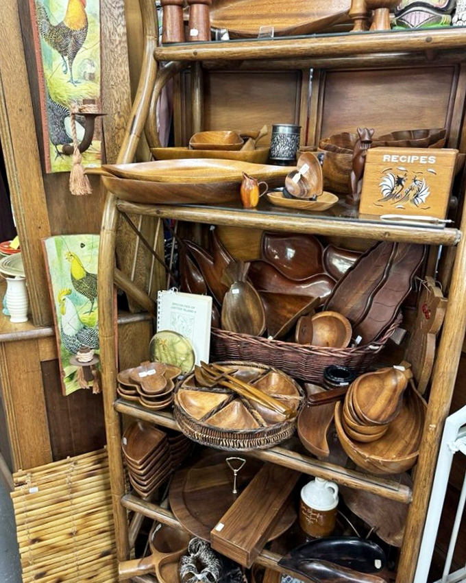 Wooden bowls and utensils create a tactile wonderland. That recipe box has probably seen more family secrets than a therapist.