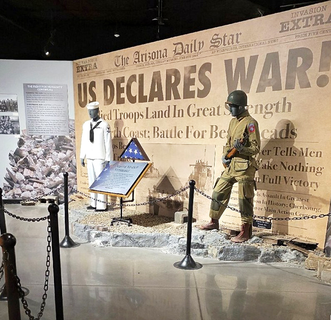 History meets mystery in this World War II exhibit. The newspaper headline shouts across decades, while mannequins stand frozen in time.