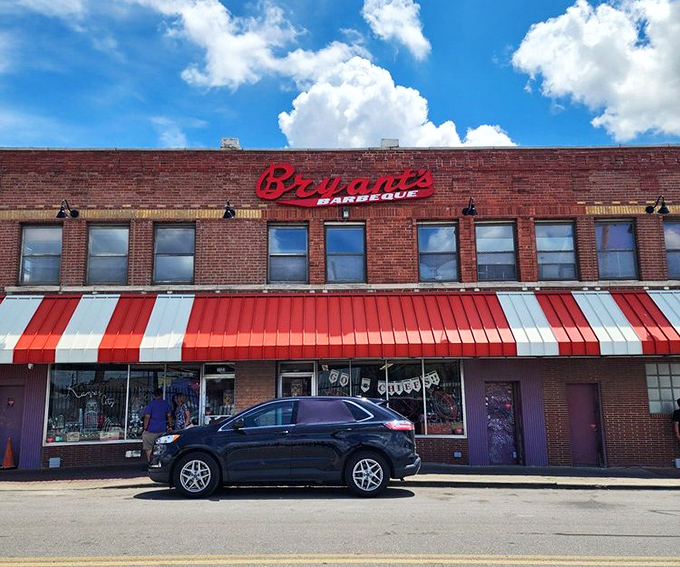 The legendary red and white stripes mark the spot where Kansas City barbecue history was written in sauce.