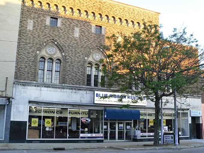 Golden hour light bathes Ashtabula's Main Street, highlighting the timeless appeal of this Lake Erie community.