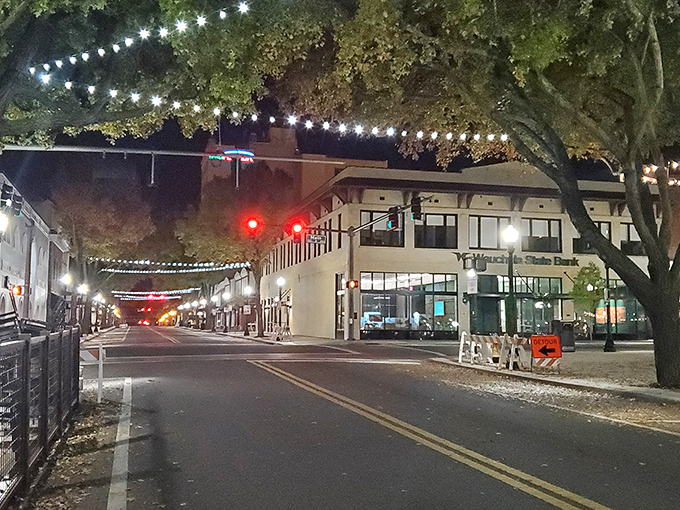 Avon Park's downtown comes alive at night with twinkling lights strung across streets where evening strolls cost nothing but time.