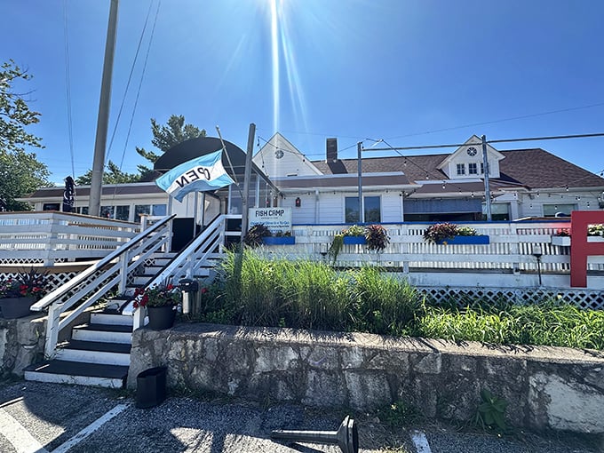 Bartlett's Fish Camp rises from the shore like a postcard from a coastal vacation you never knew Indiana could offer.