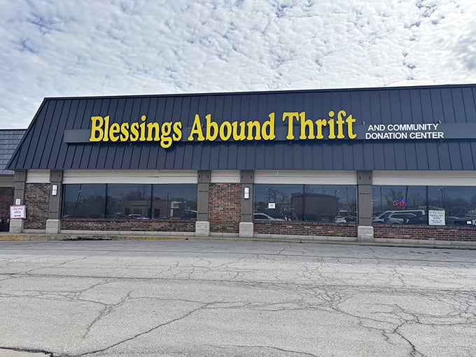 Blessings Abound's bold yellow lettering against the dark roof creates instant curb appeal. Even the donation center looks inviting!